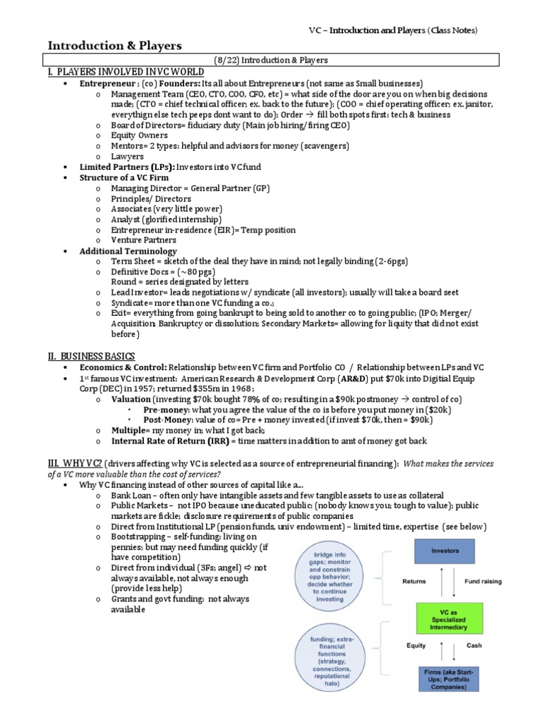 Venture Capital Class Notes Pdf Venture Capital Corporate Finance