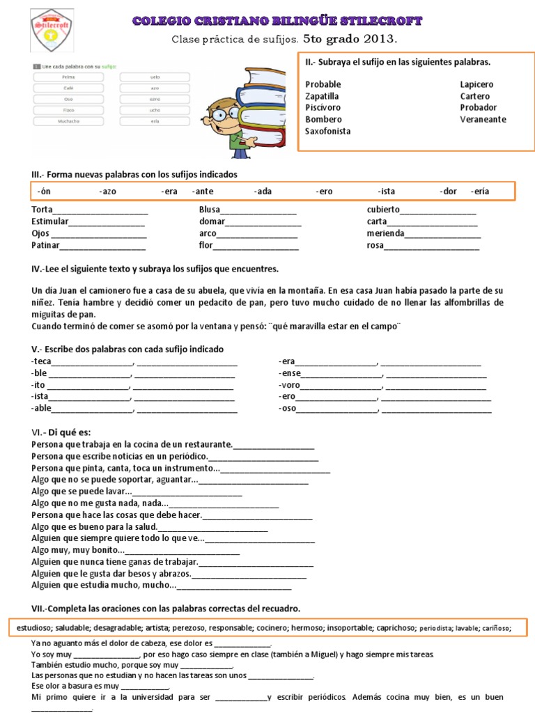 Hojas De Trabajo Sobre Sufijos Y Raíces De Palabras Tarjetas Sufijos