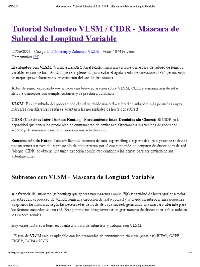 Gastoncracia - Tutorial Subneteo VLSM - CIDR - Máscara de Subred de Longitud Variable | PDF ...