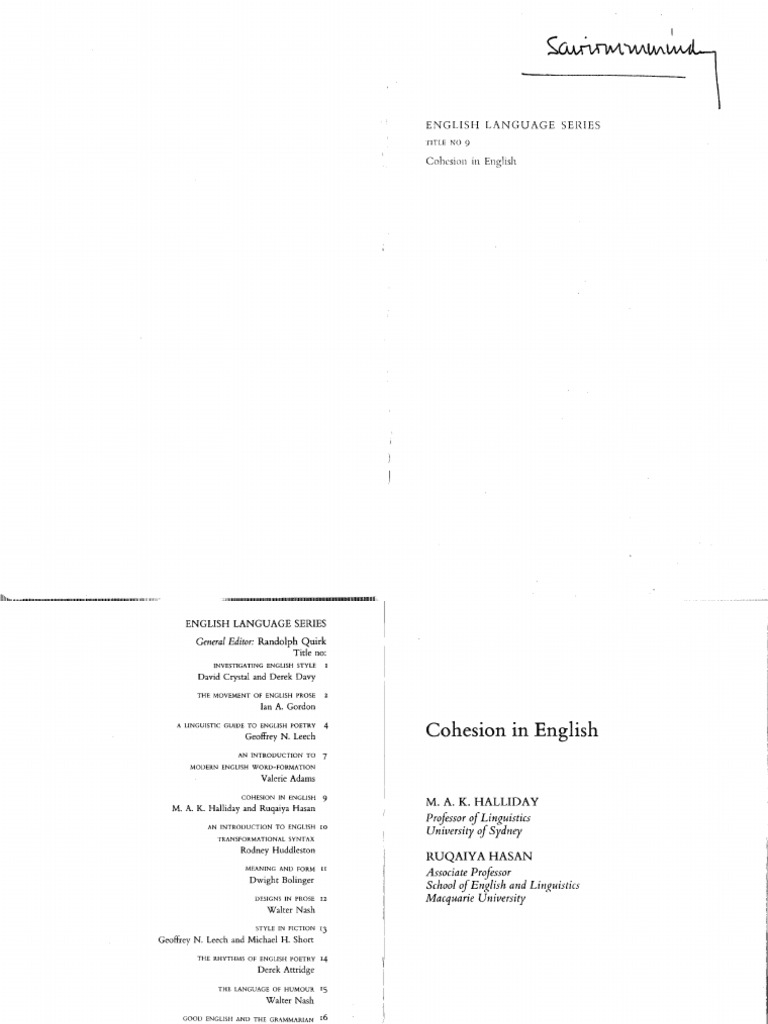 Halliday & Hasan - Cohesion in English | PDF