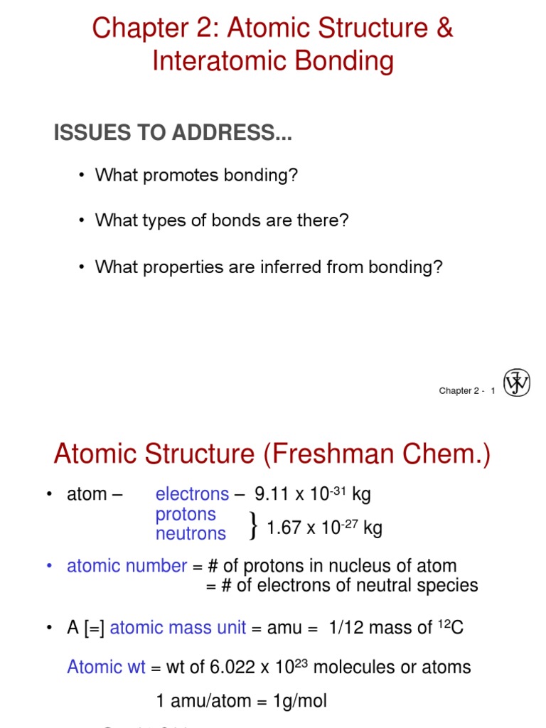 Chapter 2: Atomic Structure & Interatomic Bonding: Issues To Address ...