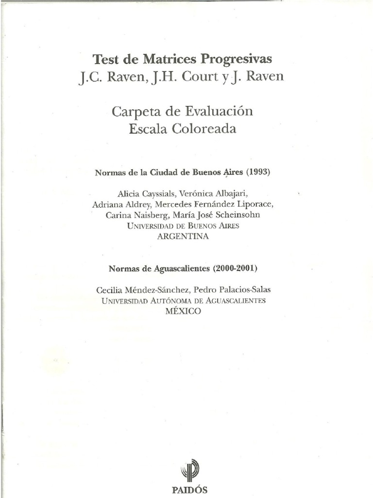 Test de Matrices Progresivas Escala de Evaluación Escala Coloreado ...