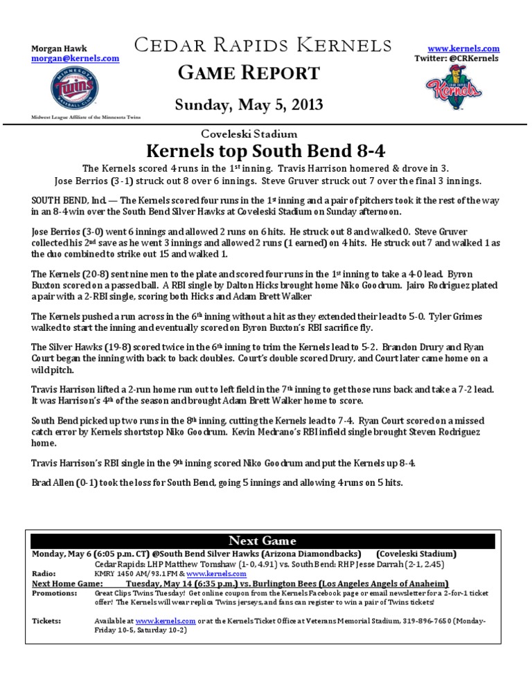 Kernels Game Story (5-5) | PDF | Baseball Teams | Major League Baseball ...