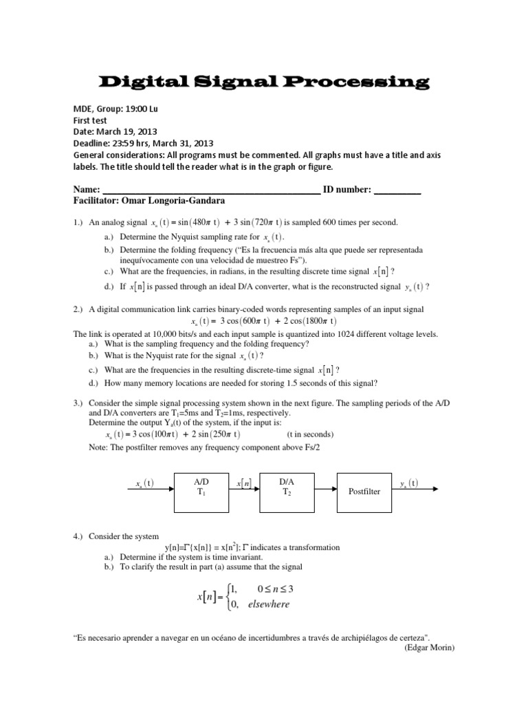 DSP Examen p1 2013 | PDF | Signal (Electrical Engineering) | Sampling (Signal Processing)