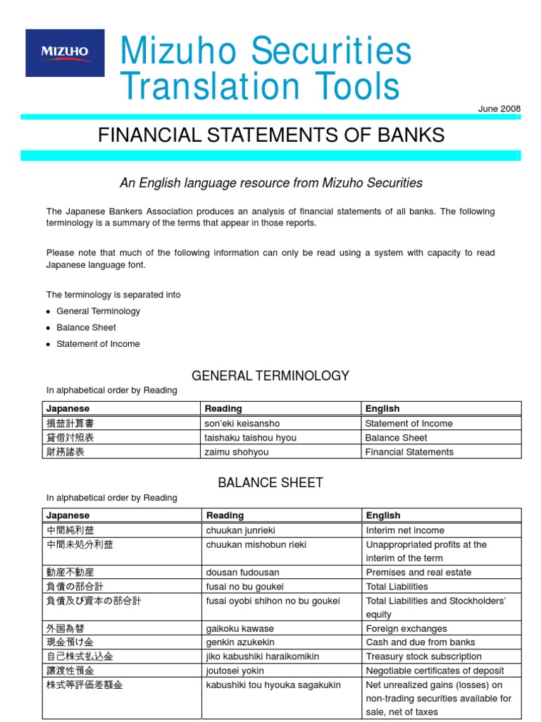 Mizuho - Bank Statements | Securities Research | Securities (Finance ...