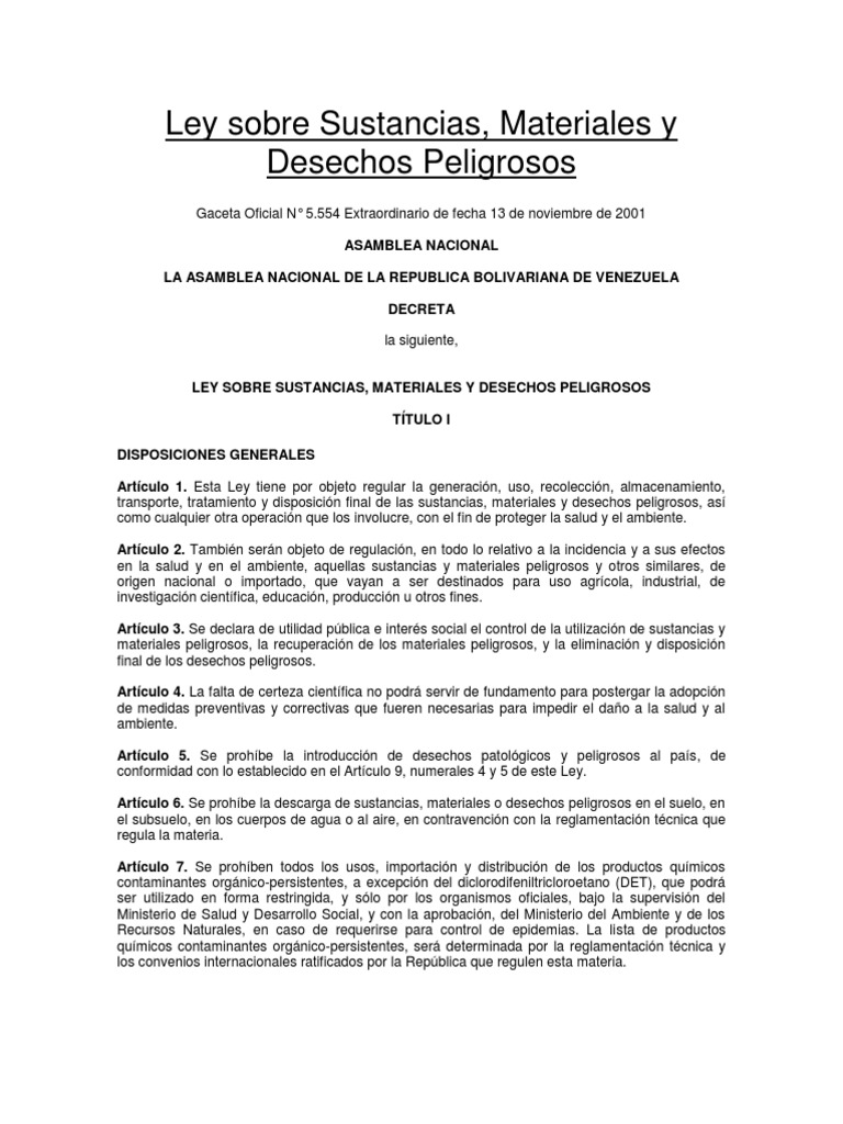 Ley Sobre Sustancias, Materiales y Desechos Peligrosos PDF | PDF