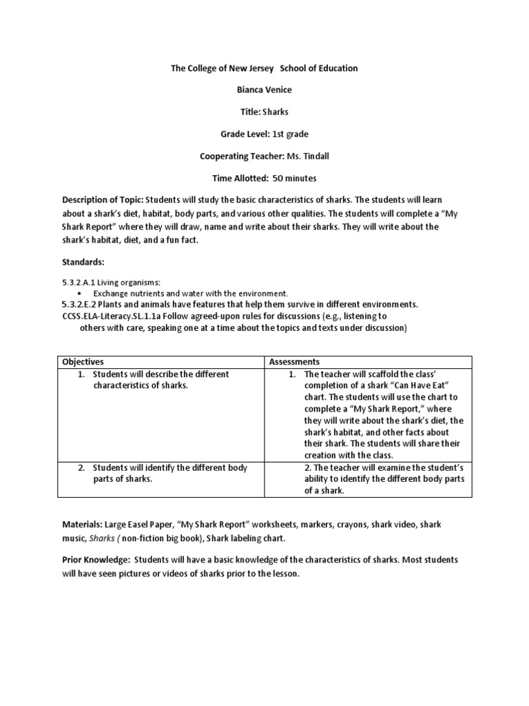 Sharks Lesson Plan | PDF | Classroom | Lesson Plan