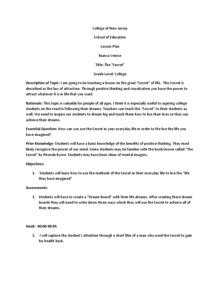 Lesson Plan The Secret | PDF | Mental Image | Lesson Plan