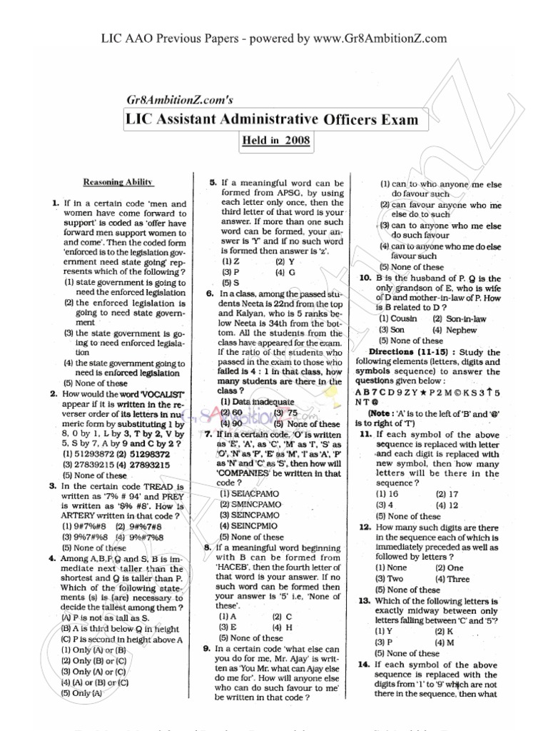 Solved Question Paper of LIC Assistant Administrative Officer's Exam ...