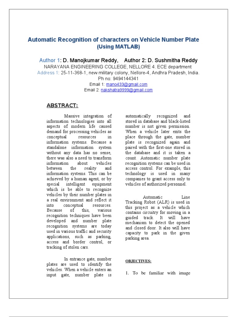 Automatic Vehicle Number Plate Recognition and Tracking Nec | PDF ...