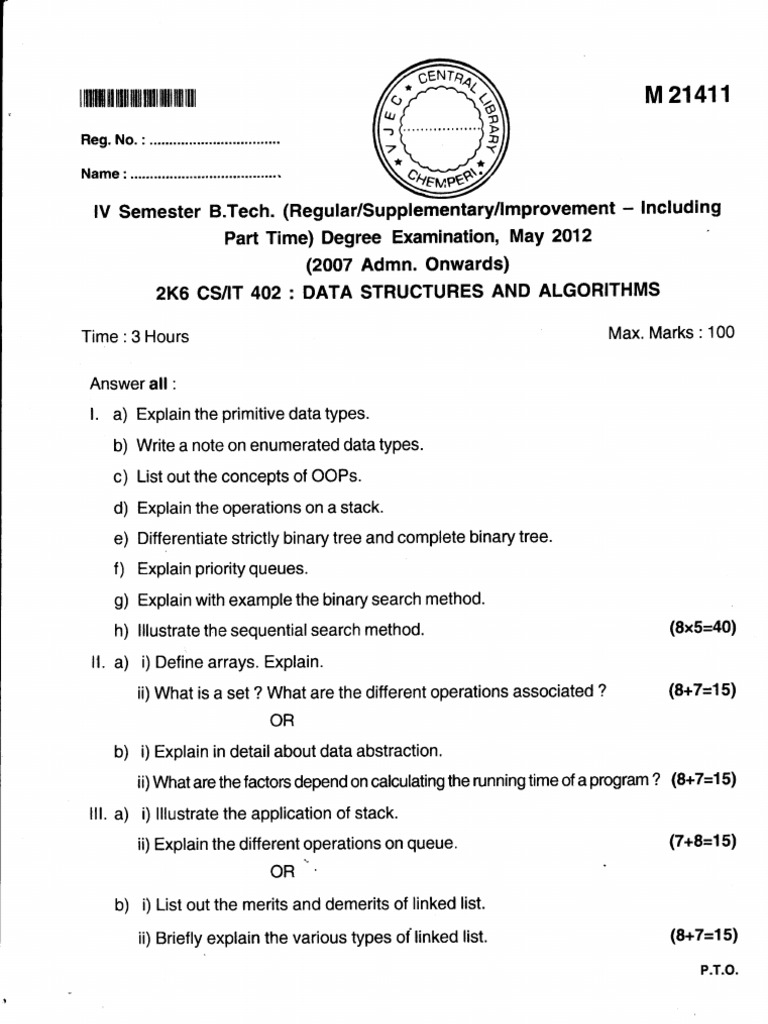 B.Tech IV Semester Data Structures Exam Guide | PDF