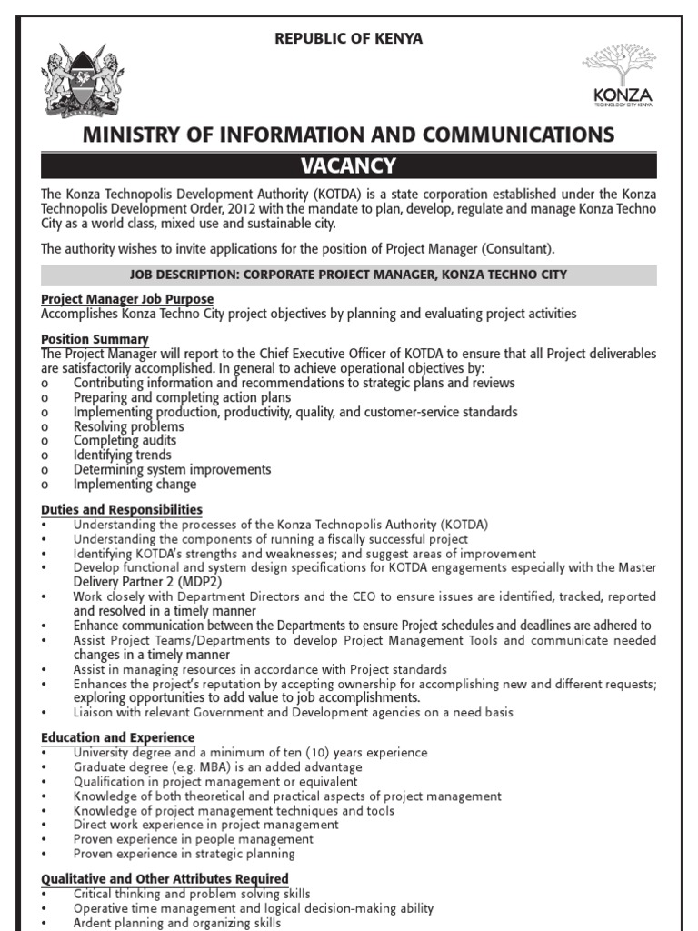 Job Vacancy: Project Manager, Konza Technopolis Development Authority ... Job Vacancy: Project Manager, Konza Technopolis Development Authority ...