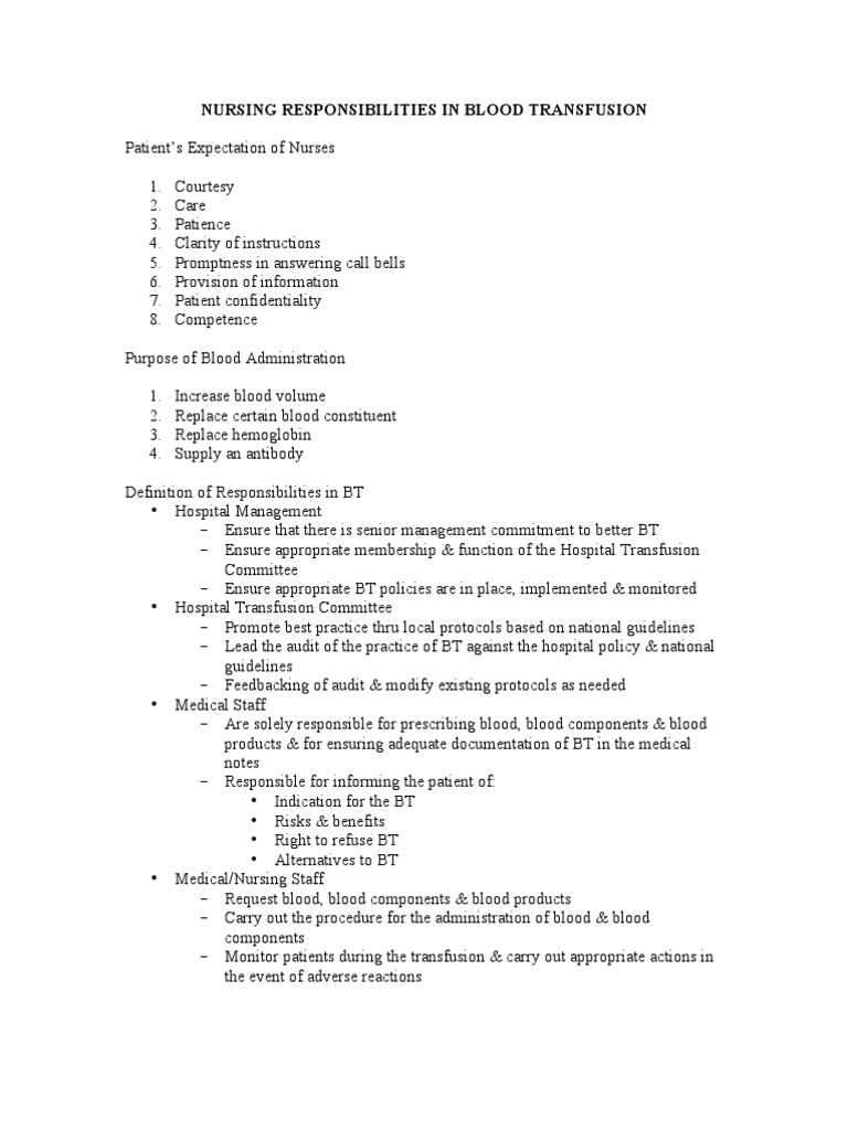 Nursing Responsibilities in Blood Transfusion | PDF | Blood Transfusion ...