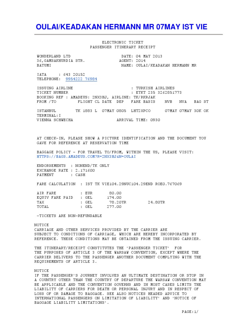 Turkish Airlines Ticket Itinerary | PDF