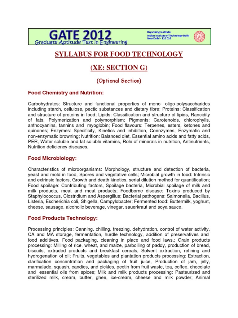 Syllabus For Food Technology (Xe: Section G) : Food Chemistry and ...