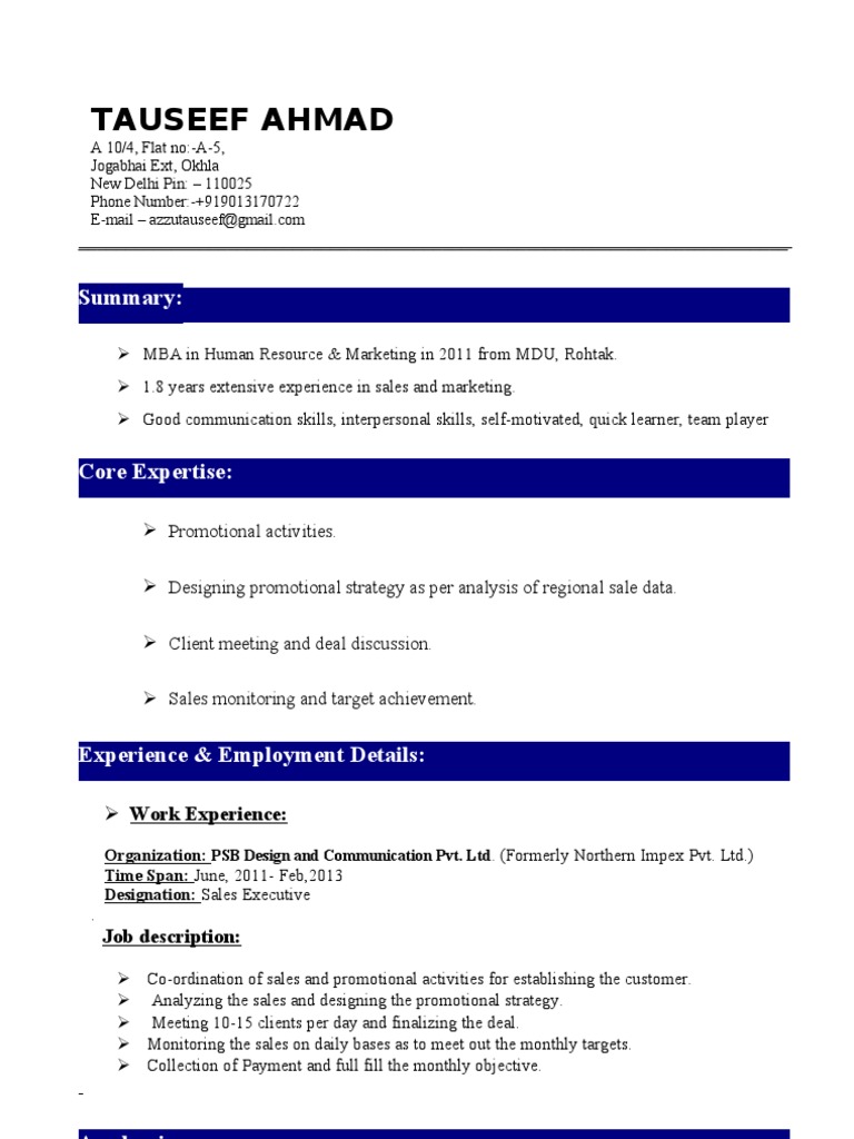 Resume-Tauseef Ahmad | PDF | Sales | Business