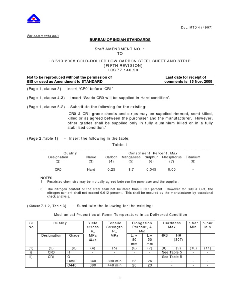 IS 513 2008 | Steel | Chemical Product Engineering
