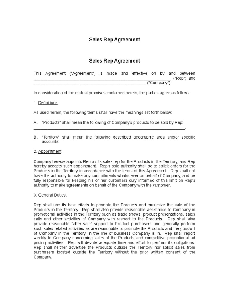 Sales Rep Agreement | PDF | Indemnity | United States House Of ...