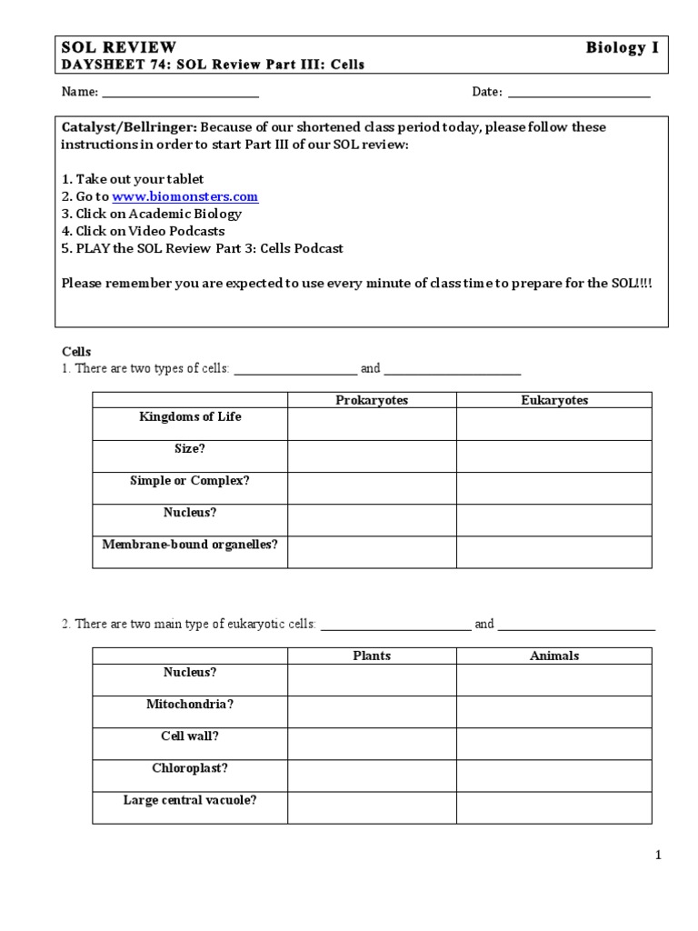 ds74 Sol Review Cells | Download Free PDF | Eukaryotes | Cell (Biology)