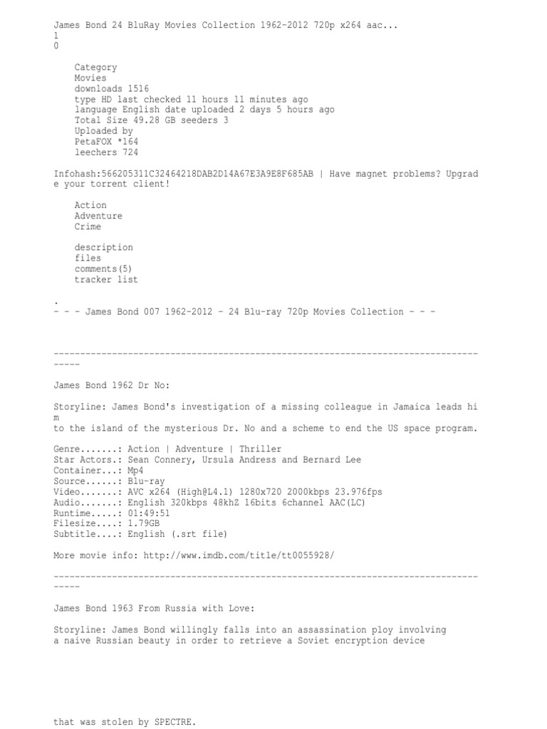 James Bond 24 BluRay Movies Collection 1962-2012 720p | PDF | Blu Ray ...