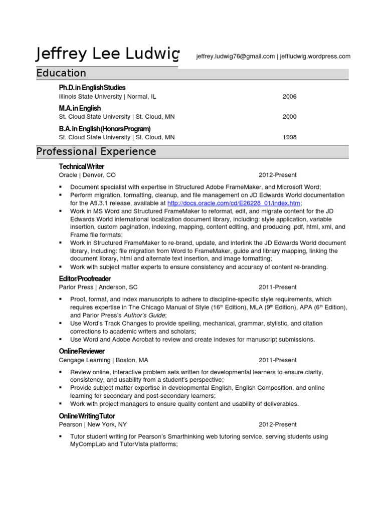Resume For Jeffrey L. Ludwig, May 2013 | PDF | Editing | Educational ...