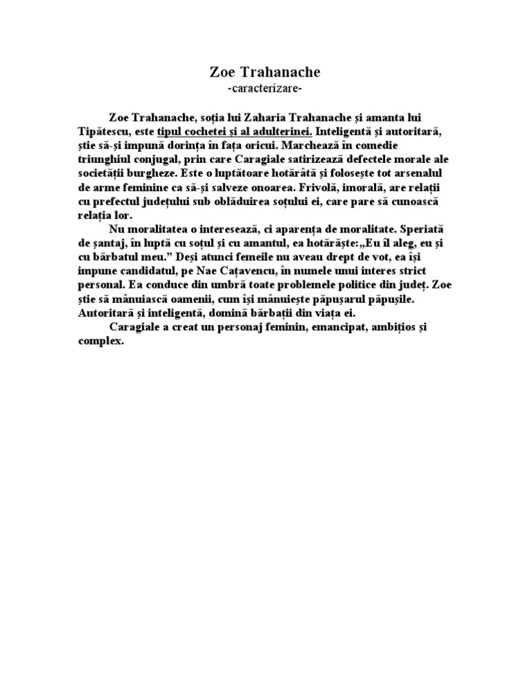 Zoe Trahanache - Caracterizare | PDF
