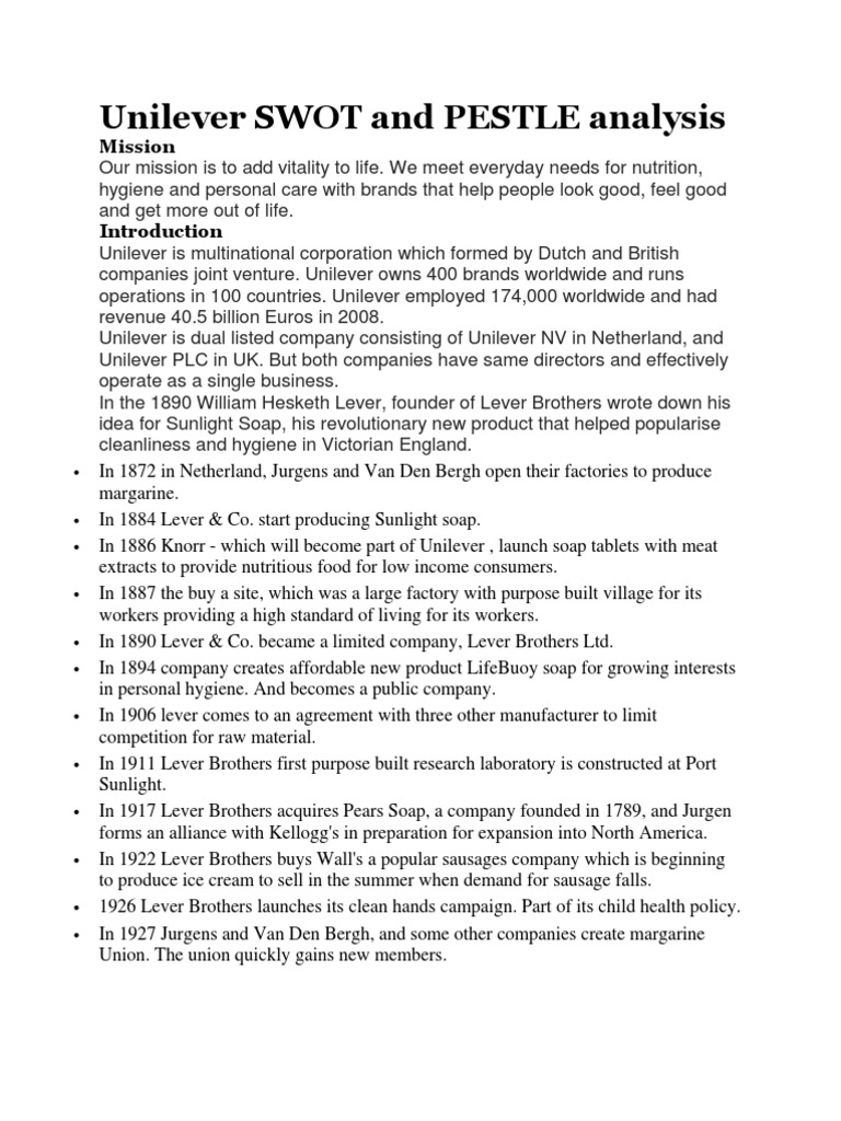 Unilever SWOT and PESTLE Analysis | PDF | Unilever | Brand