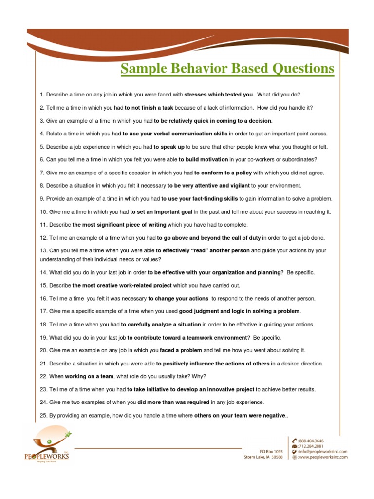 50 Sample Behavior Based Questions | PDF | Behavior | Motivation