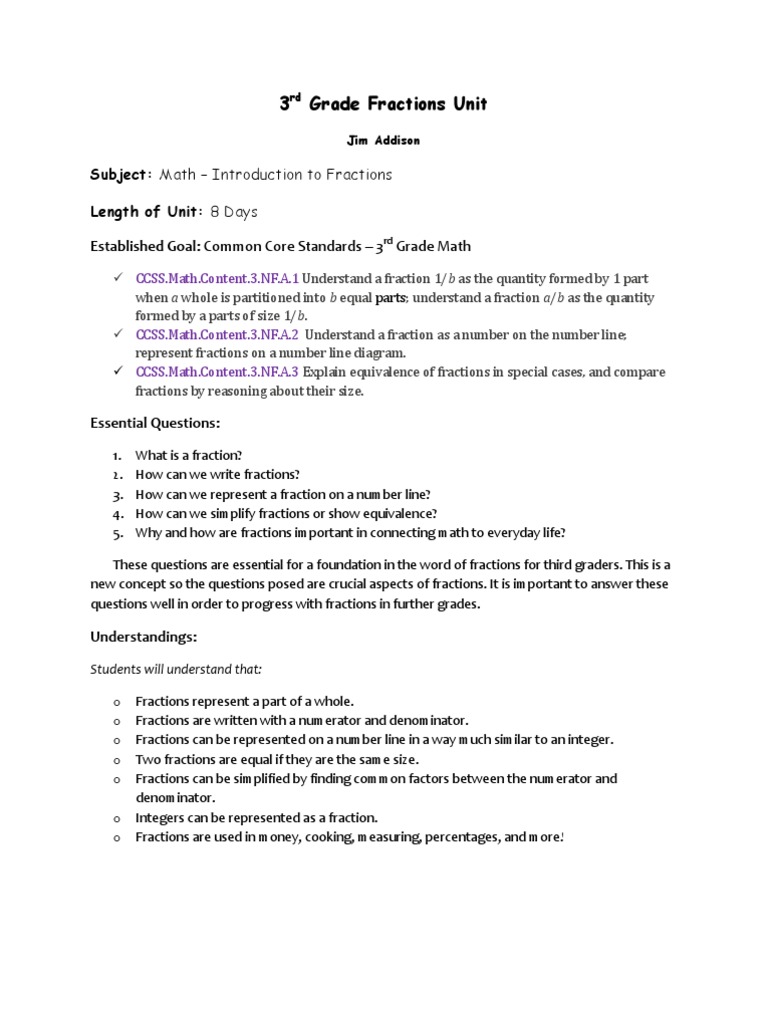 3rd Grade Fractions Unit | PDF | Educational Assessment | Fraction ...