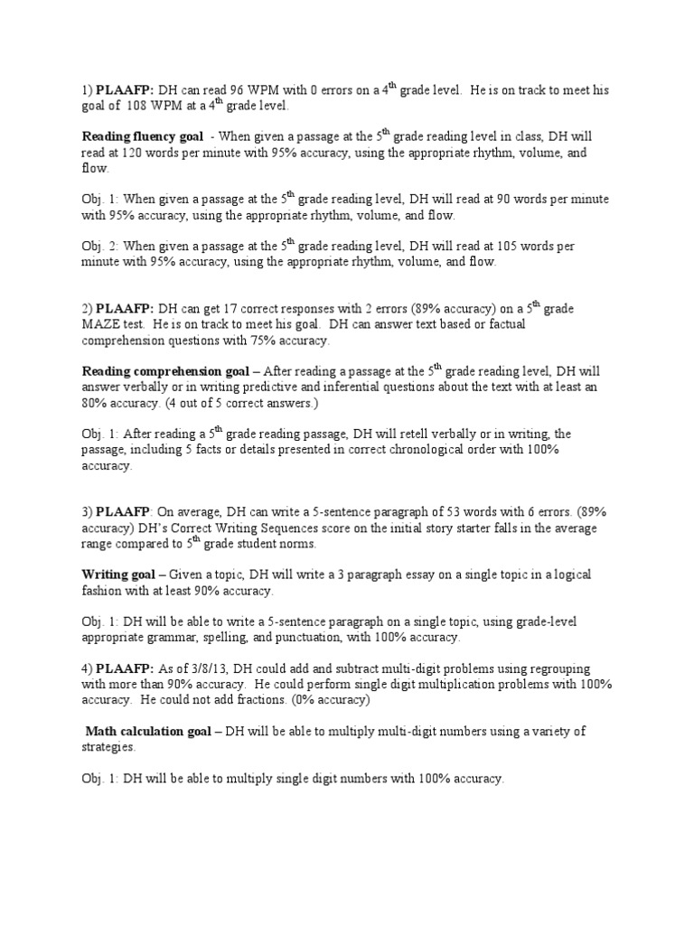 IEP Goals and Objectives | PDF | Reading (Process) | Multiplication