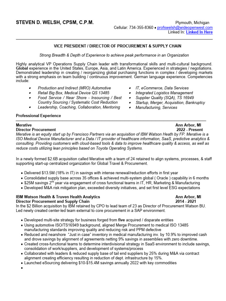 Resume VP Procurement Supply Chain || Detroit, MI || Information ...