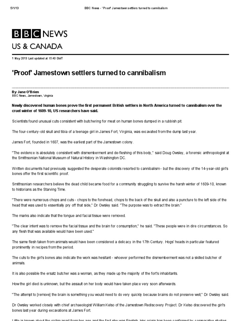 BBC News - 'Proof' Jamestown Settlers Turned To Cannibalism | PDF ...