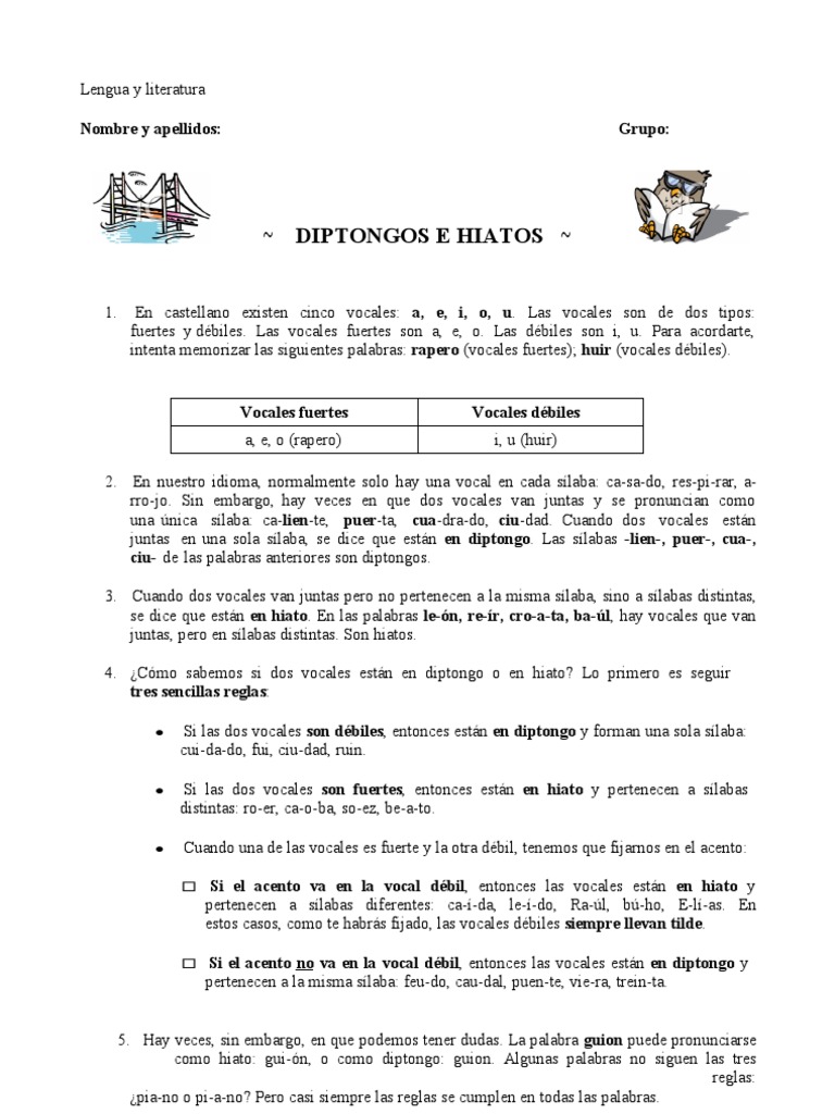 Ejercicios Diptongos e Hiatos | PDF | Vocal | Sílaba