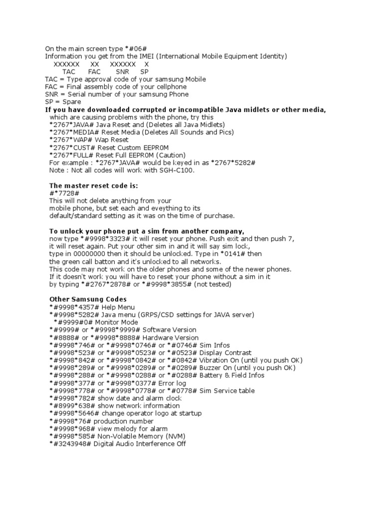 Samsung Codes Unlock Phones Reset Networks | PDF | Telecommunications ...