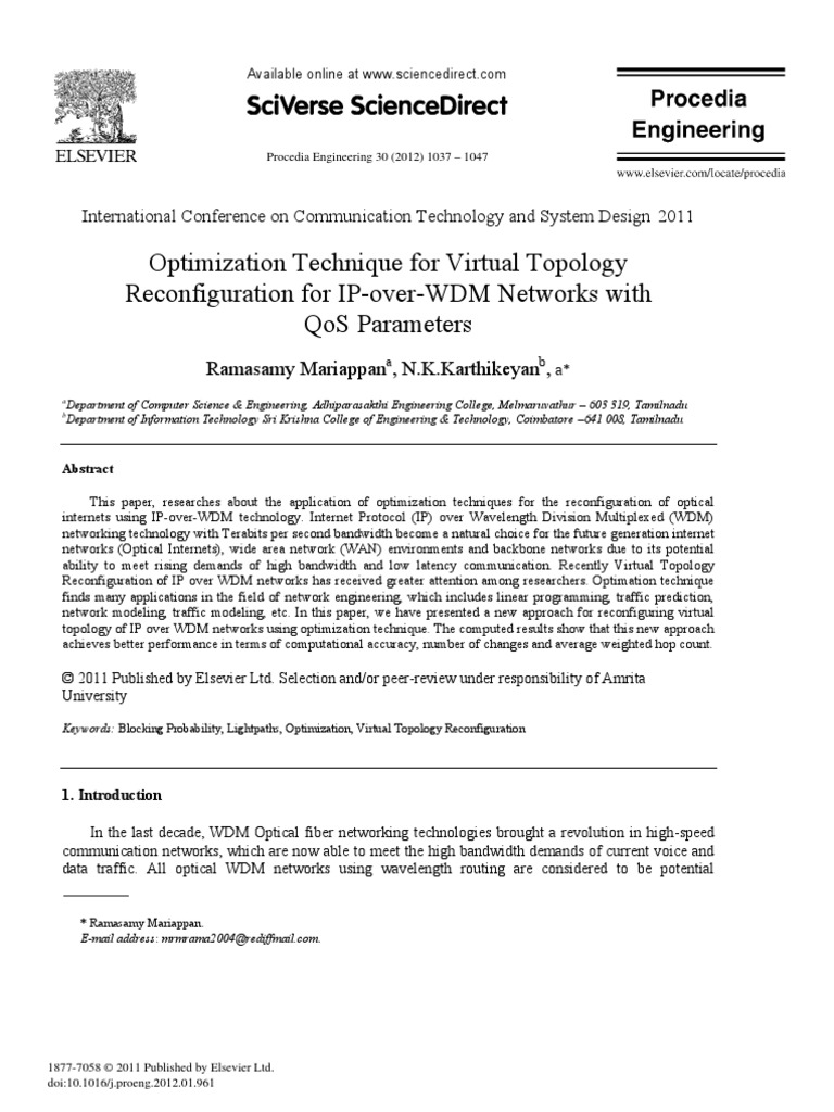 Optimization Technique For Virtual Topology Reconfiguration For Ip-Over-Wdm Networks With Qos ...