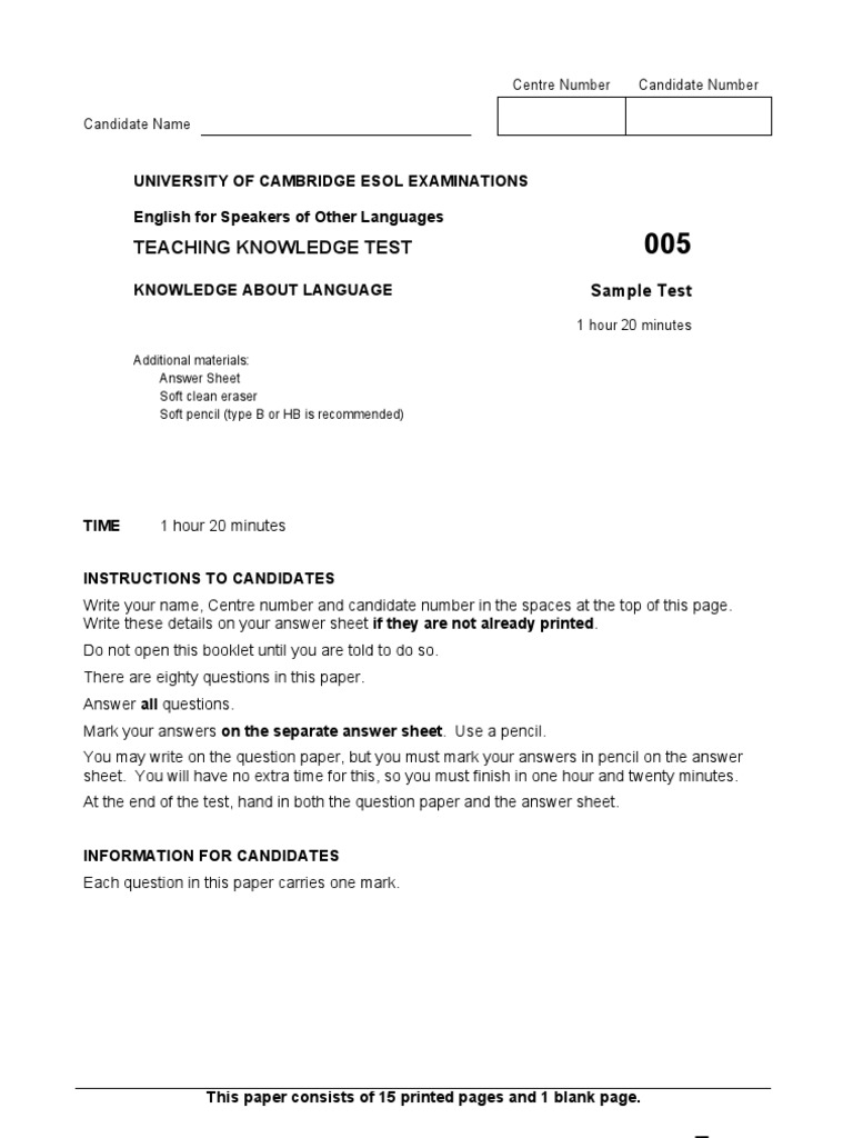 TKT Kal Sample Paper | PDF | Verb | Question