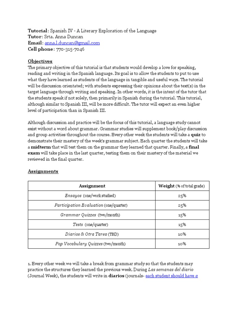 Spanish IV Syllabus | PDF | Tutor | Syllabus