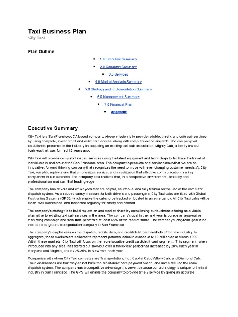 Taxi Business Plan | PDF | Taxicab | Current Liability