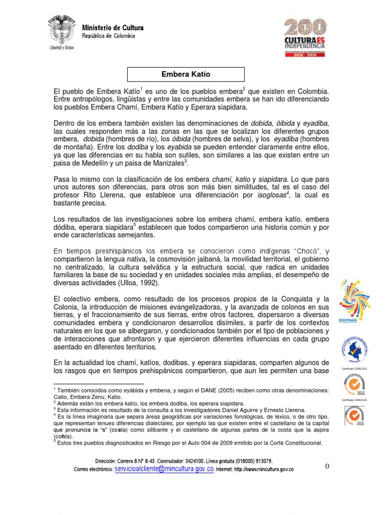 Caracterización Del Pueblo Embera Katío Ministerio de Cultura | PDF ...