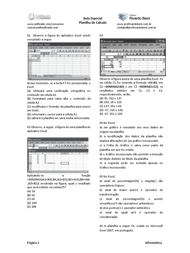 Excel Exercícios | PDF | Planilha | Microsoft Excel