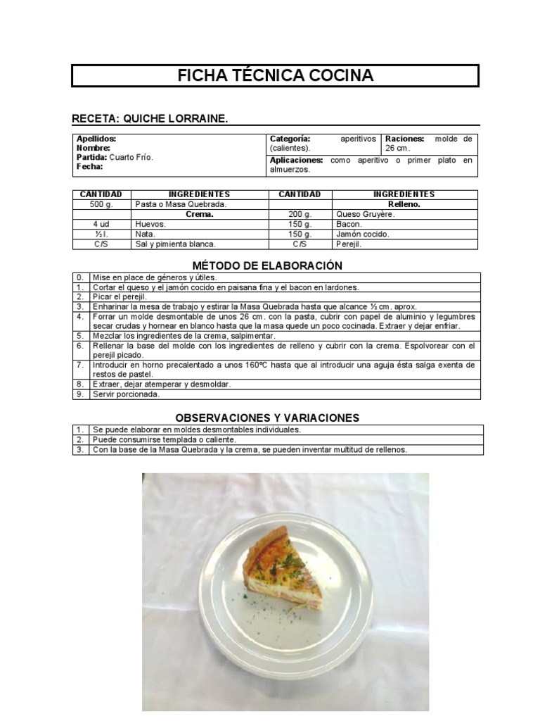 Ficha Tecnica de Platos de Comida | PDF