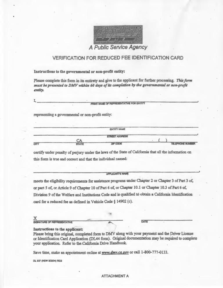 DL 937 Reduced Fee ID Verification Form | PDF | Department Of Motor ...