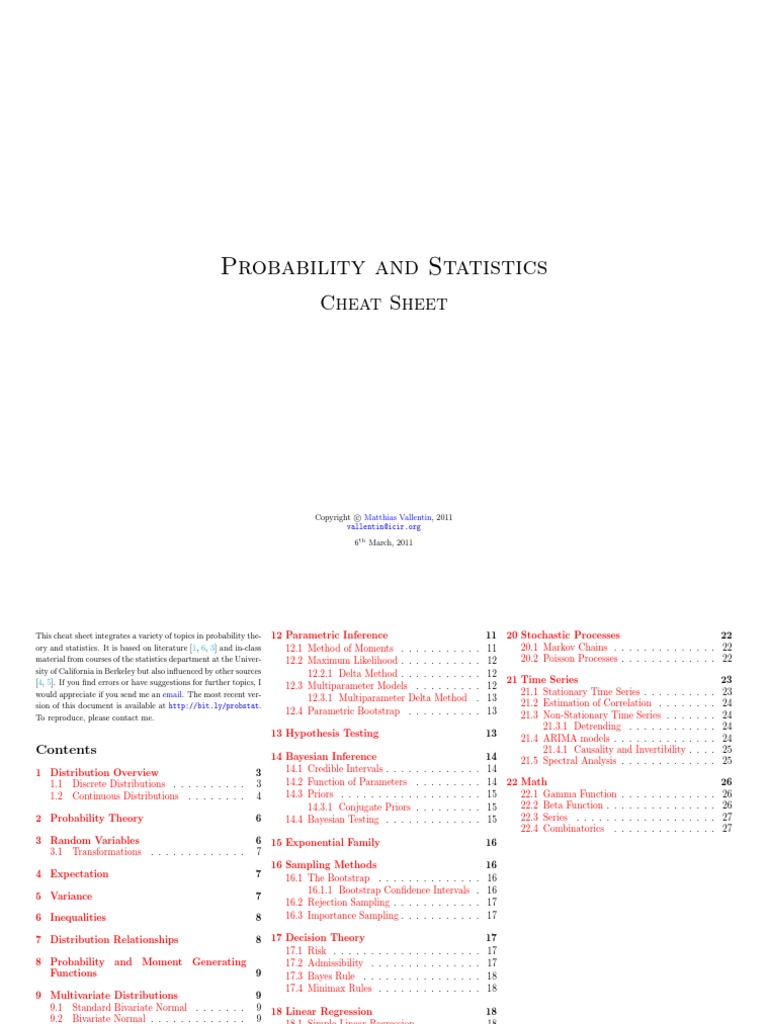 A Probability and Statistics Cheatsheet 1 | PDF | Bootstrapping ...