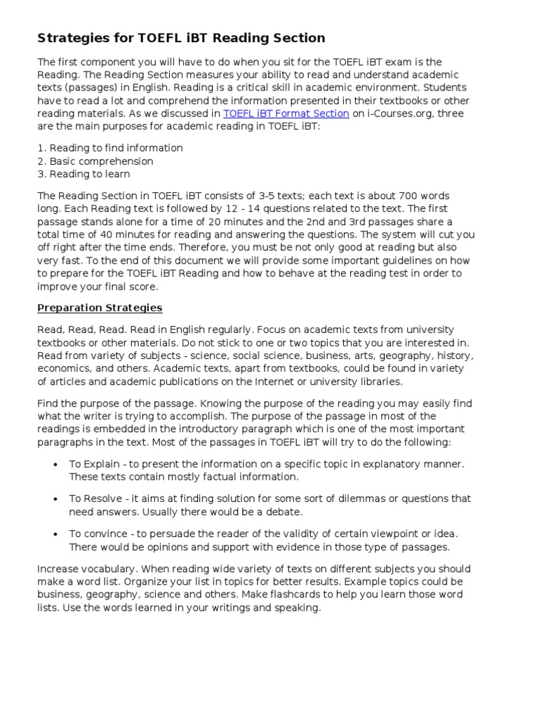 Strategies For TOEFL iBT Reading Section | PDF | Reading (Process ...