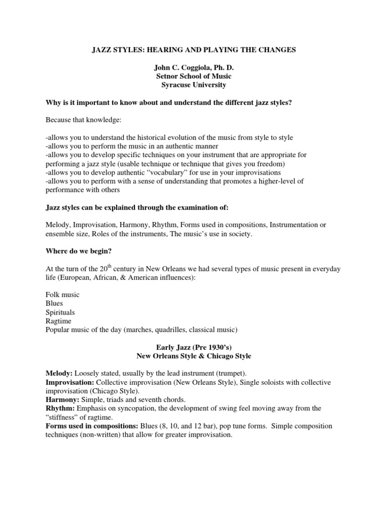 Jazz Styles Handout 2 | PDF | Jazz | Musical Instruments