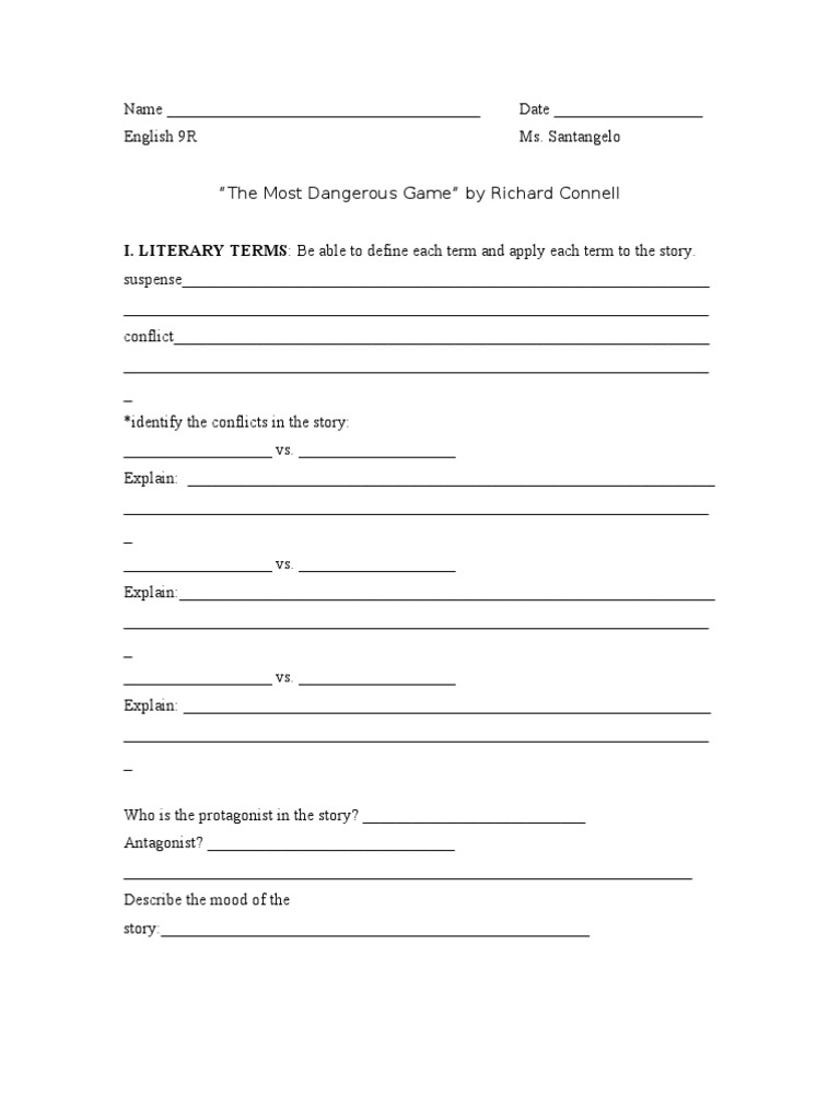 "The Most Dangerous Game Study Guide" | PDF