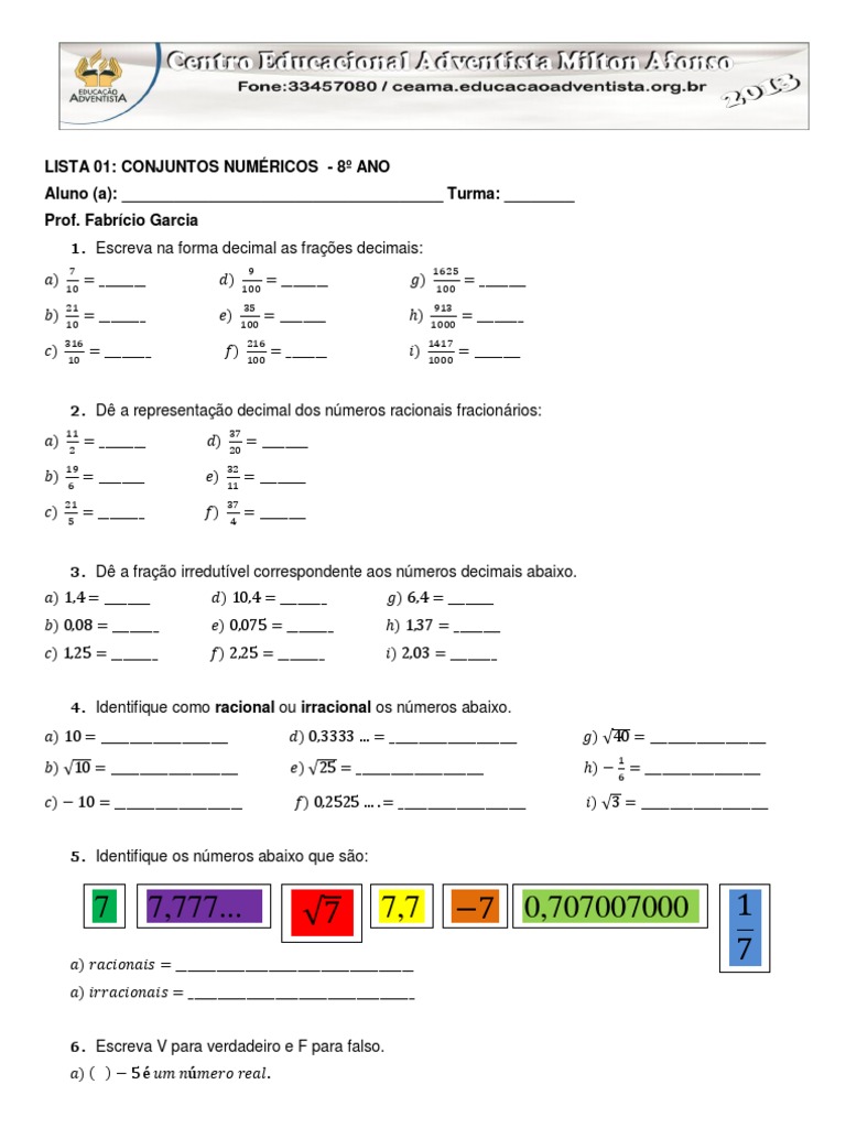 8 Ano Lista 01 Conjuntos Numericos