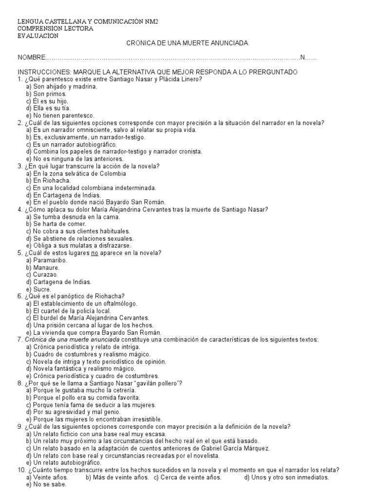 Evaluación: Crónica de una Muerte Anunciada | PDF | Novelas | Narración