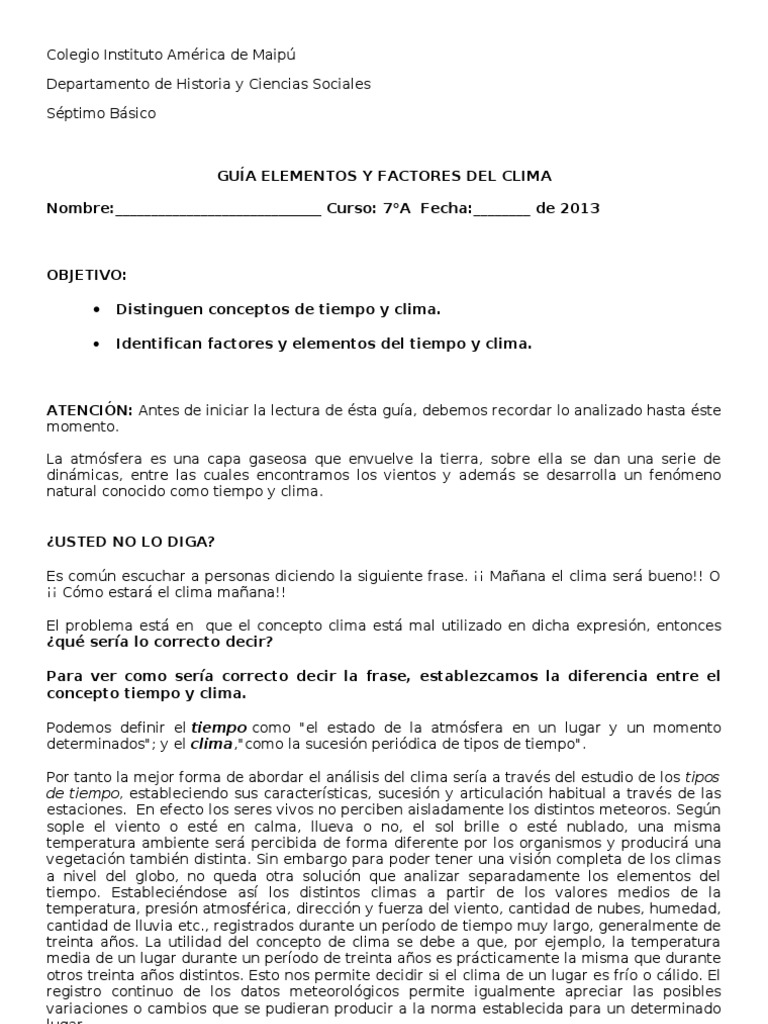 Guía sobre Tiempo y Clima 7° Básico | PDF | Velocidad del viento | Clima