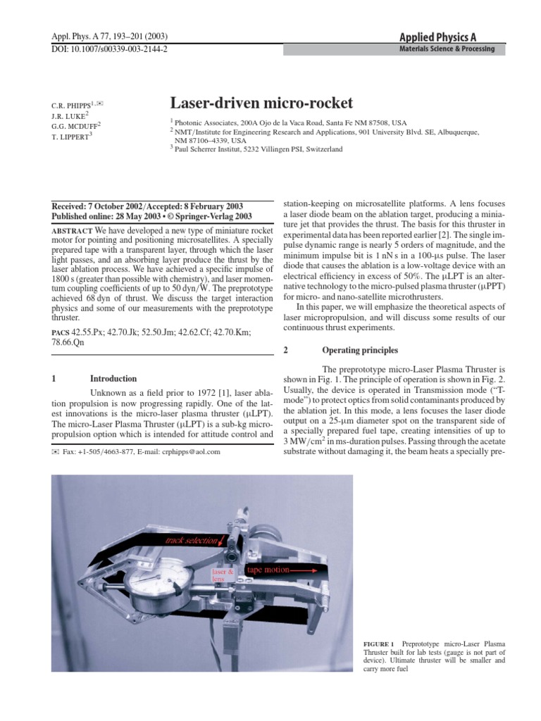 Laser-Driven Micro-Rocket: Applied Physics A | PDF | Spacecraft ...